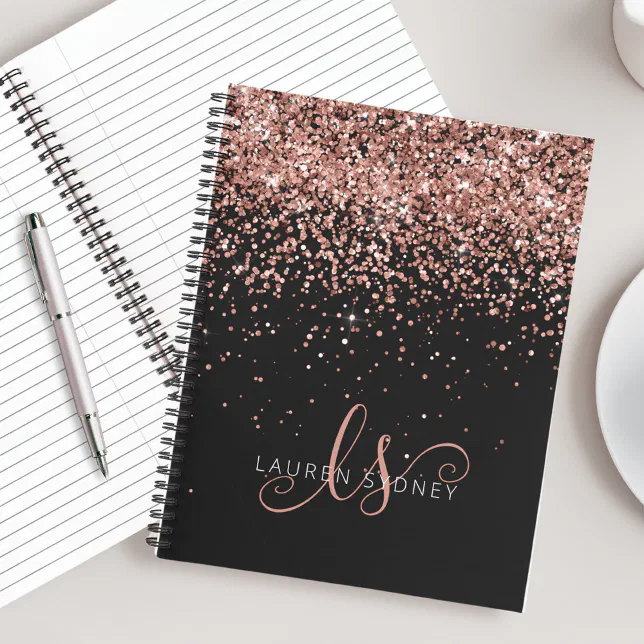 Rose Gold Blush Pink Glitter Glam Monogram Name Notebook | Zazzle