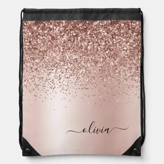 Rose Gold - Blush Pink Glitter Metal Monogram Name Drawstring Bag | Zazzle