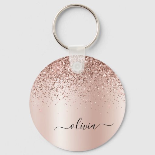 Rose Gold - Blush Pink Glitter Metal Monogram Name Keychain | Zazzle