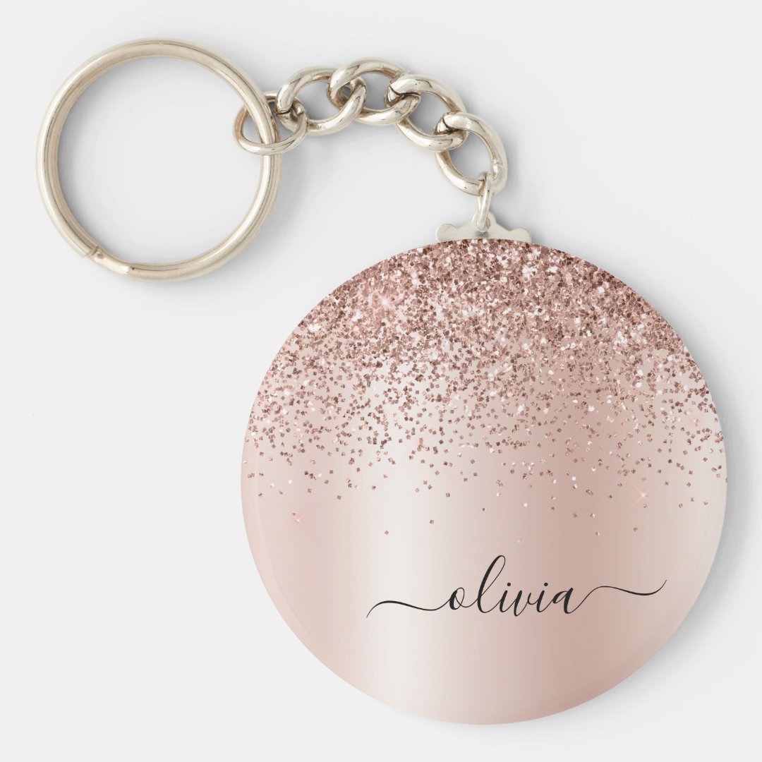 Rose Gold - Blush Pink Glitter Metal Monogram Name Keychain | Zazzle