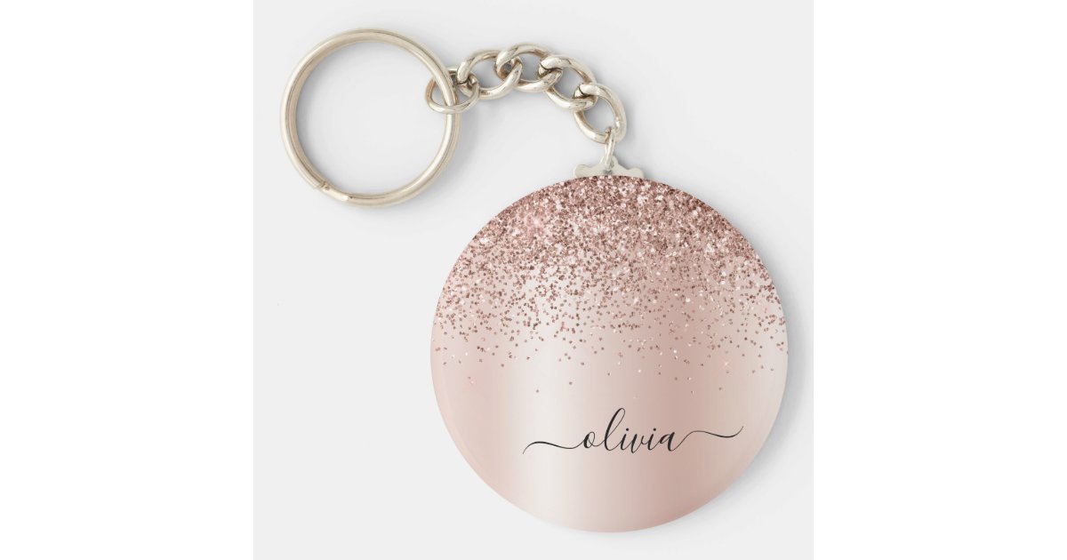 Rose Gold - Blush Pink Glitter Metal Monogram Name Keychain | Zazzle