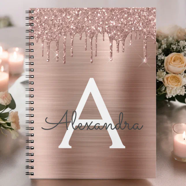 Rose Gold - Blush Pink Glitter Metal Monogram Name Notebook | Zazzle