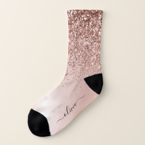Rose Gold - Blush Pink Glitter Metal Monogram Name Socks | Zazzle