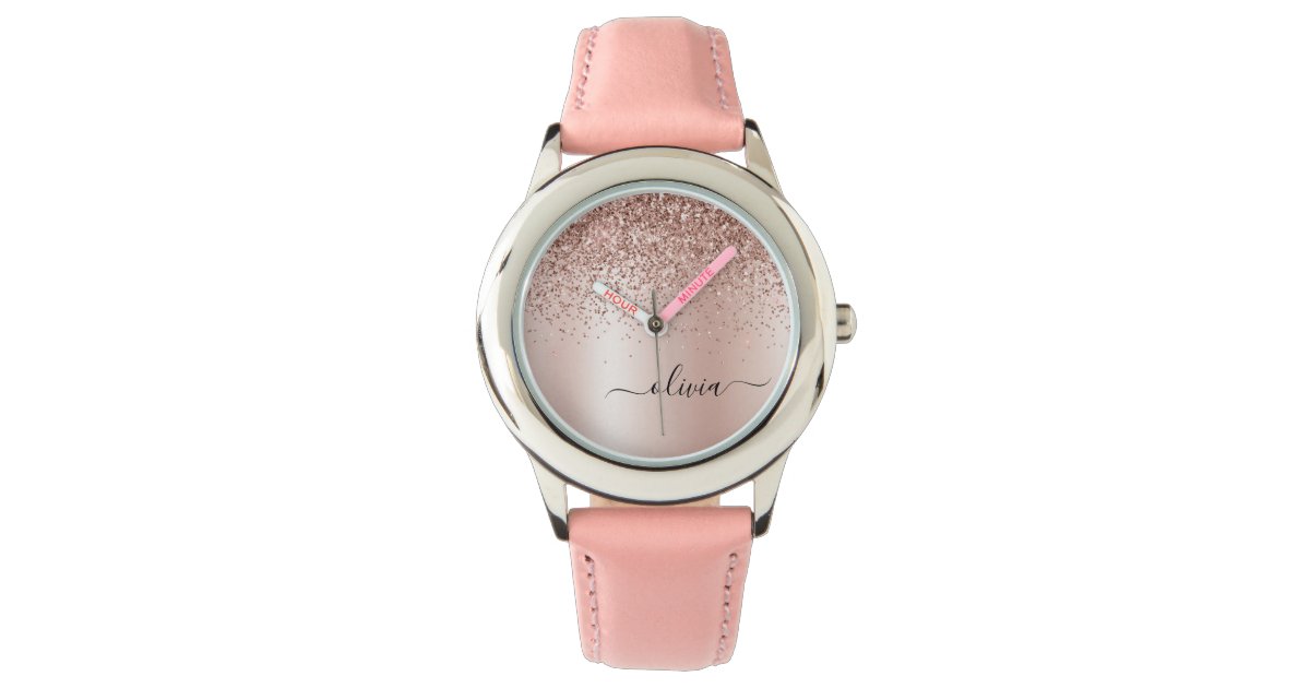 Rose Gold - Blush Pink Glitter Metal Monogram Name Watch | Zazzle