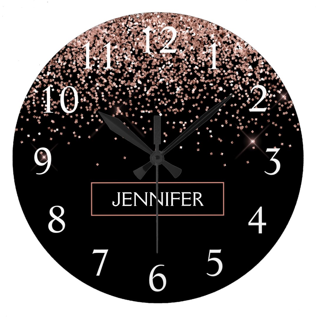 Rose Gold Blush Pink Glitter Monogram Girly Large Clock | Zazzle