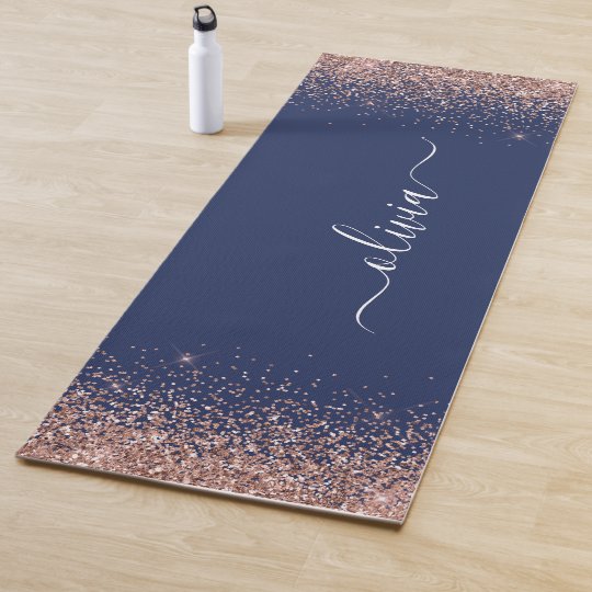 Rose Gold Blush Pink Glitter Navy Blue Monogram Yoga Mat | Zazzle.com
