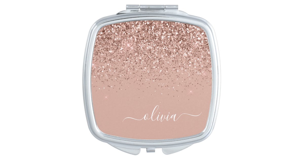Rose Gold Blush Pink Glitter Script Monogram Girly Compact Mirror | Zazzle