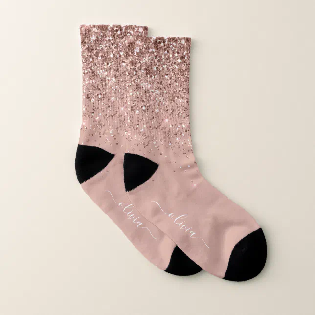 Rose Gold Blush Pink Glitter Script Monogram Girly Socks | Zazzle