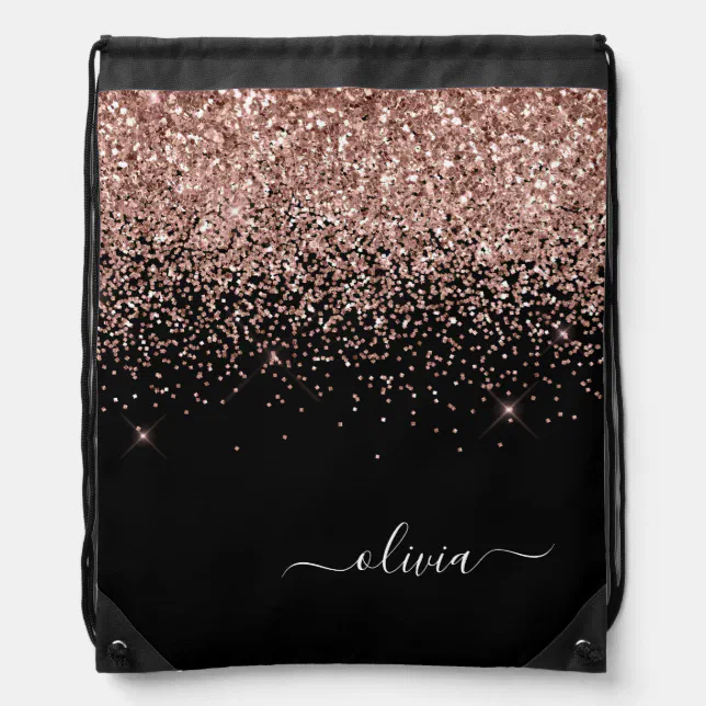 Rose Gold Blush Pink Glitter Script Monogram Name Drawstring Bag | Zazzle