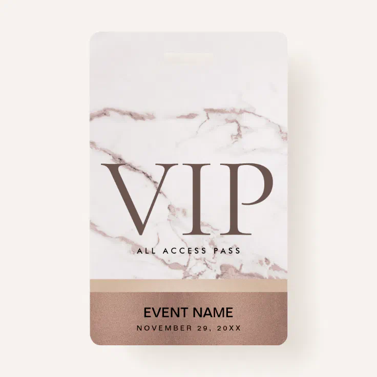 ROSE GOLD BLUSH PINK MARBLE VIP EVENT ACCESS PASS BADGE | Zazzle