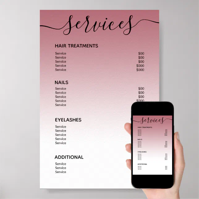 Rose Gold Blush Pink Salon Price List Service Menu Poster | Zazzle