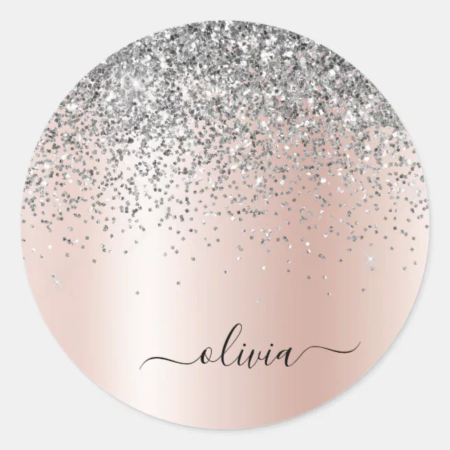 Rose Gold - Blush Pink Silver Glitter Monogram Classic Round Sticker ...