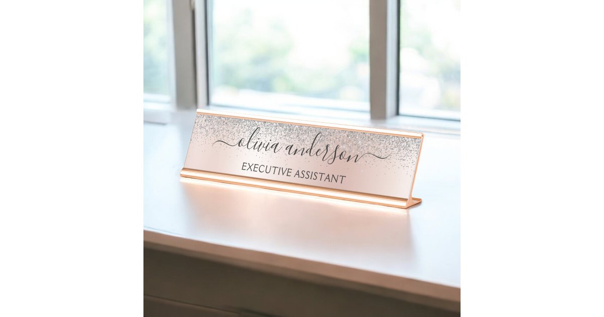 Rose Gold - Blush Pink Silver Glitter Monogram Desk Name Plate | Zazzle