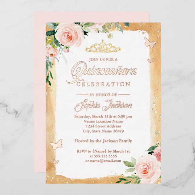 Rose Gold Blush Quinceanera Floral Sparkle Tiara Foil Invitation | Zazzle