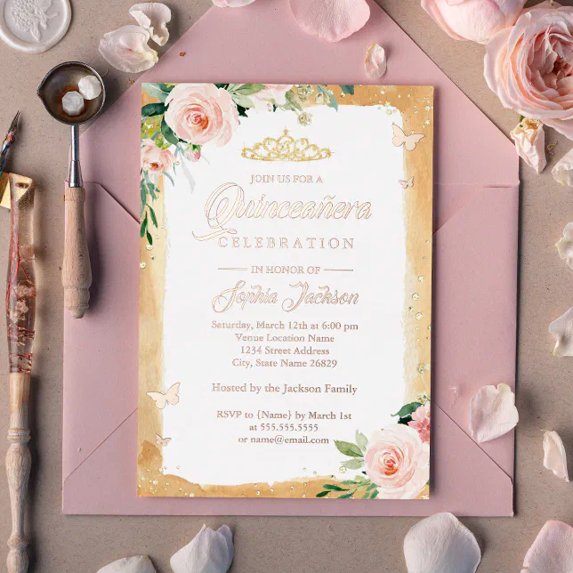 Rose Gold Blush Quinceanera Floral Sparkle Tiara Foil Invitation | Zazzle