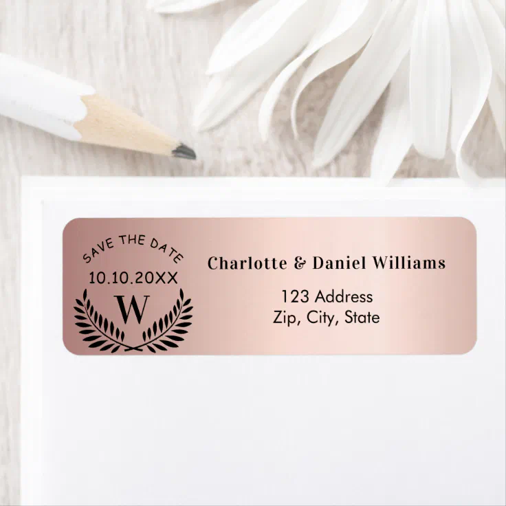Rose gold blush save the date return address label | Zazzle