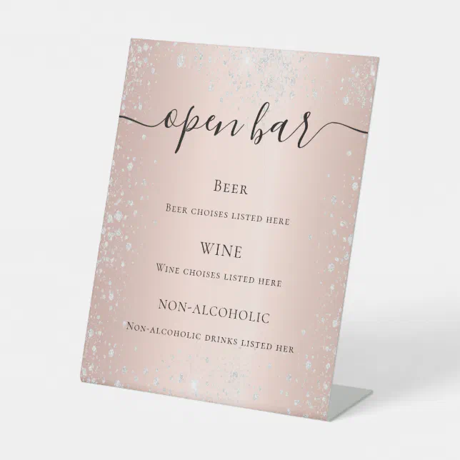 Rose gold blush silver glitter script bar menu pedestal sign | Zazzle