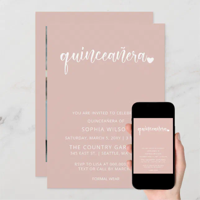 Rose Gold Blush Simple Script Quinceanera Photo Invitation | Zazzle