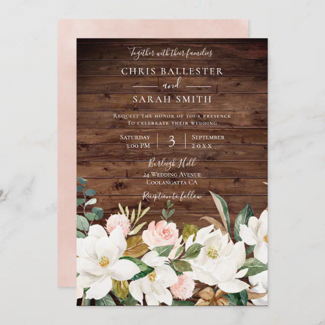 Rose Gold Blush White Rustic Floral Wedding Invitation | Zazzle