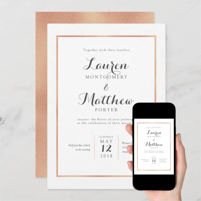 Rose Gold Border Modern Wedding Invitation | Zazzle