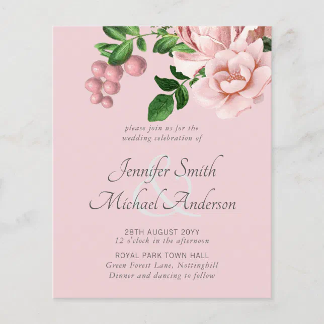 Rose Gold Botanical Floral Budget Wedding Invites | Zazzle
