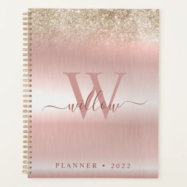 Rose Gold Brush Metal Gold Glitter Planner | Zazzle