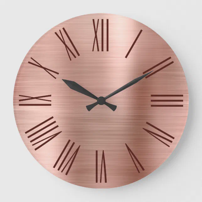 Rose Gold Brushed Foil Burgundy Roman Numerals Large Clock | Zazzle