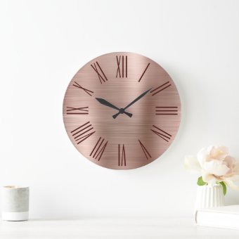 Rose Gold Brushed Foil Burgundy Roman Numerals Large Clock | Zazzle