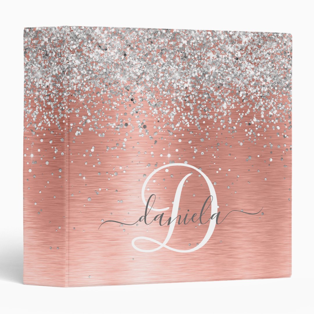 Rose Gold Brushed Metal Glitter Monogram Name 3 Ring Binder | Zazzle