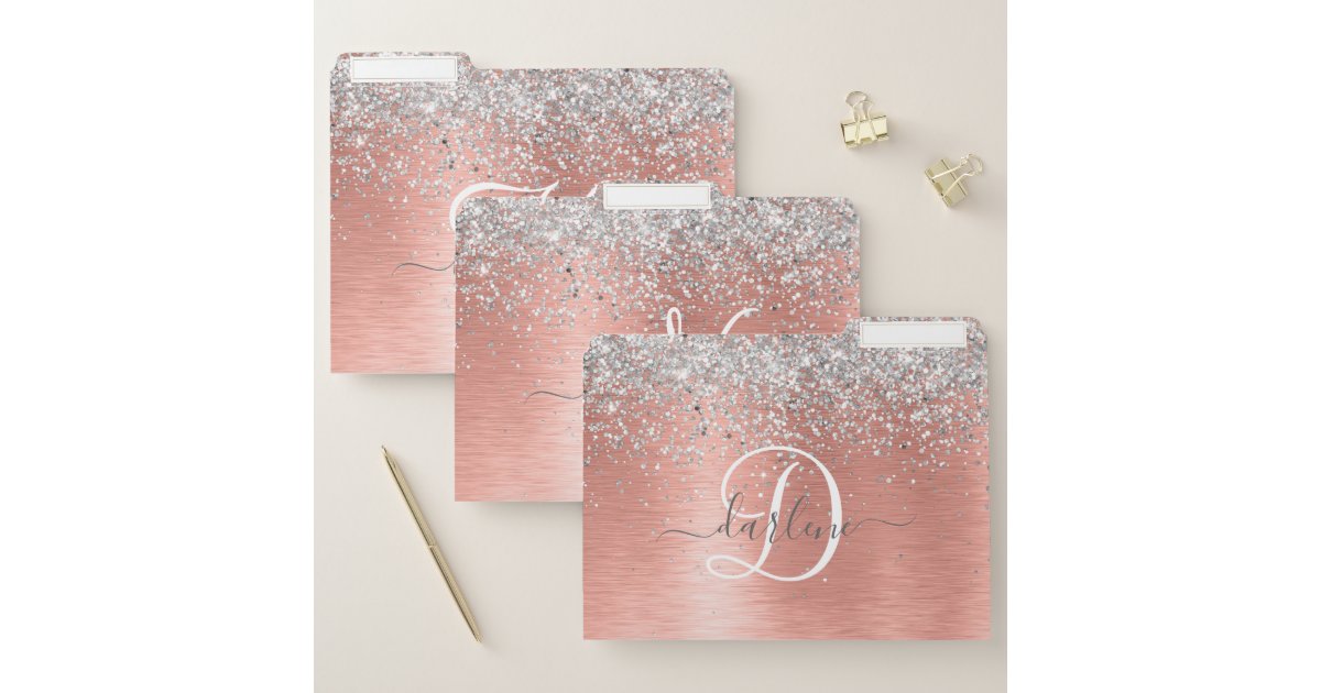 Rose Gold Brushed Metal Glitter Monogram Name File Folder | Zazzle