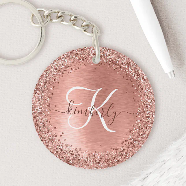 Rose Gold Brushed Metal Glitter Monogram Name Keychain | Zazzle