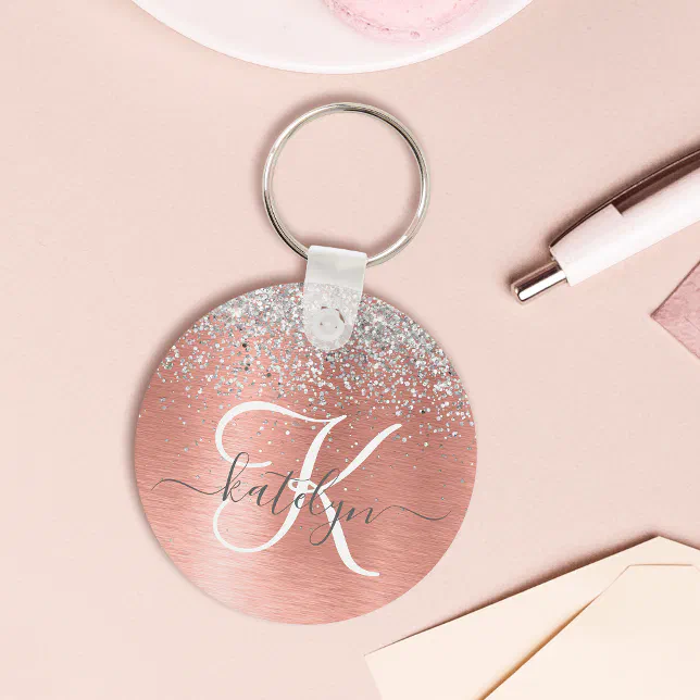 Rose Gold Brushed Metal Glitter Monogram Name Keychain | Zazzle