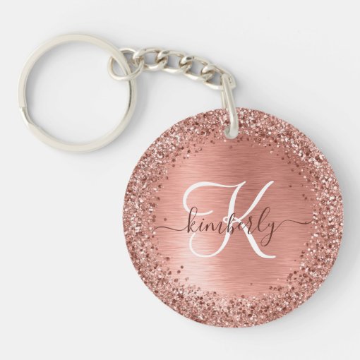 Rose Gold Brushed Metal Glitter Monogram Name Keychain | Zazzle