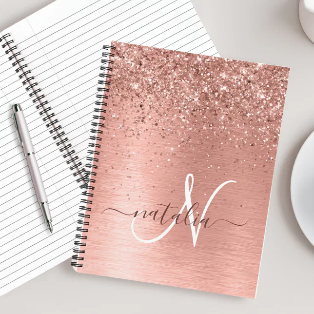 Rose Gold Brushed Metal Glitter Monogram Name Notebook | Zazzle