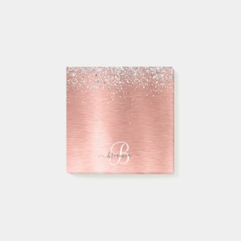 Rose Gold Brushed Metal Glitter Monogram Name Post-it Notes | Zazzle