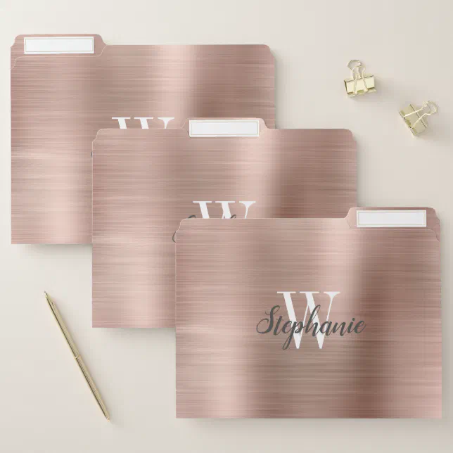 Rose Gold Brushed Metallic Monogram File Folder | Zazzle