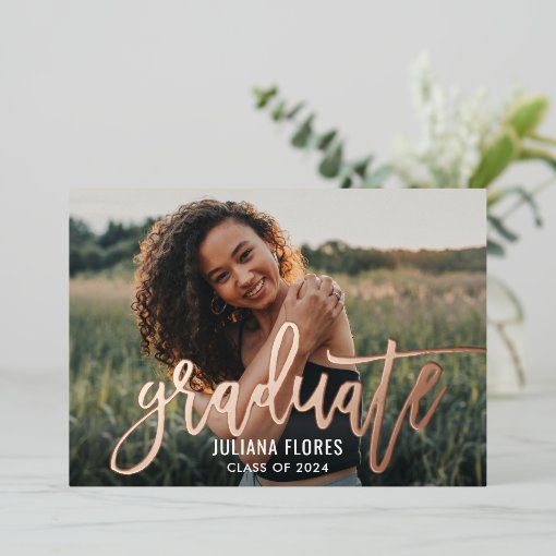 Rose Gold Brushed Script Photo Graduation Party Foil Invitation | Zazzle