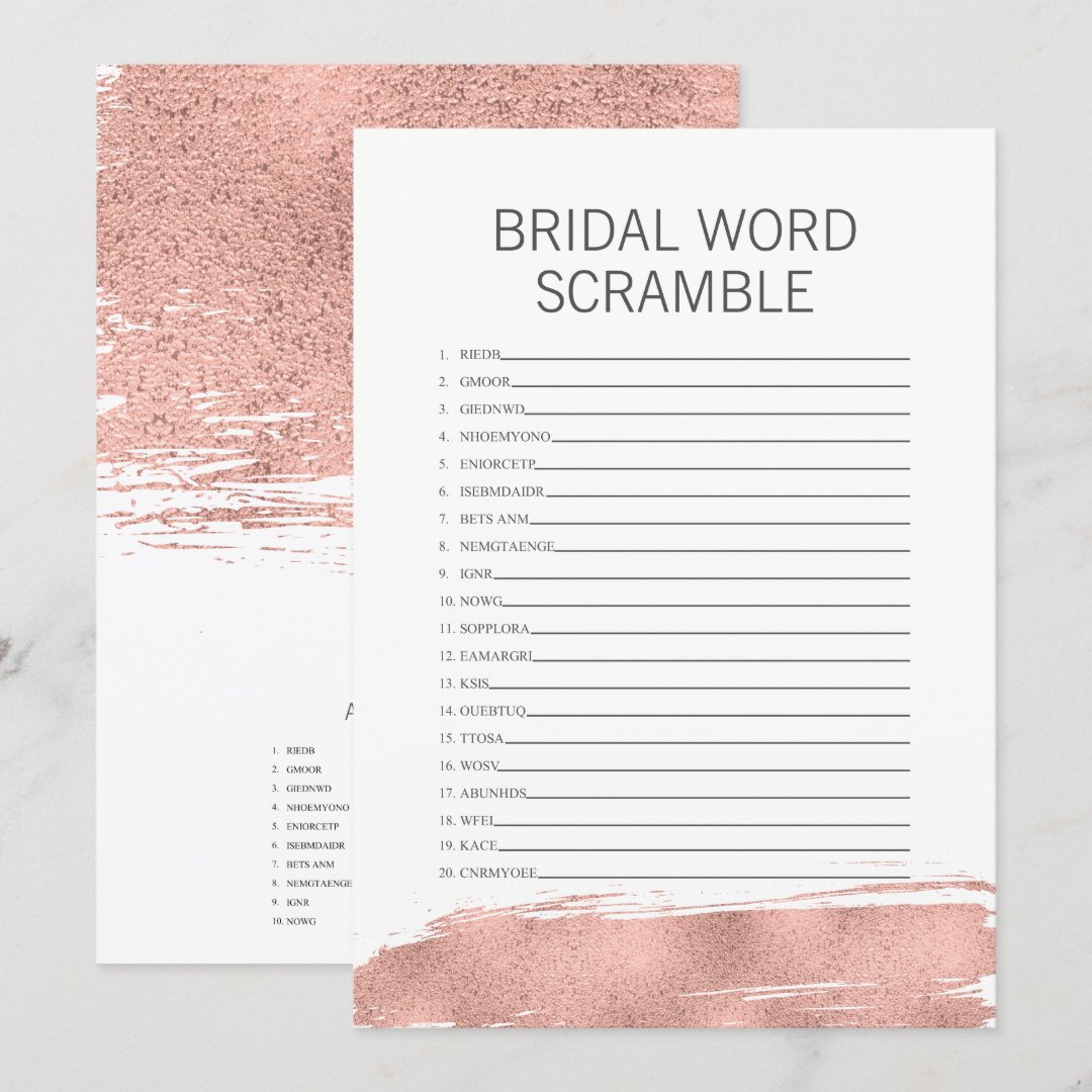 Rose Gold Brushstroke Bridal Word Scramble Game Invitation | Zazzle