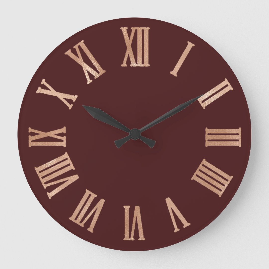 Rose Gold Burgundy Copper Metallic Roman Numers Large Clock | Zazzle