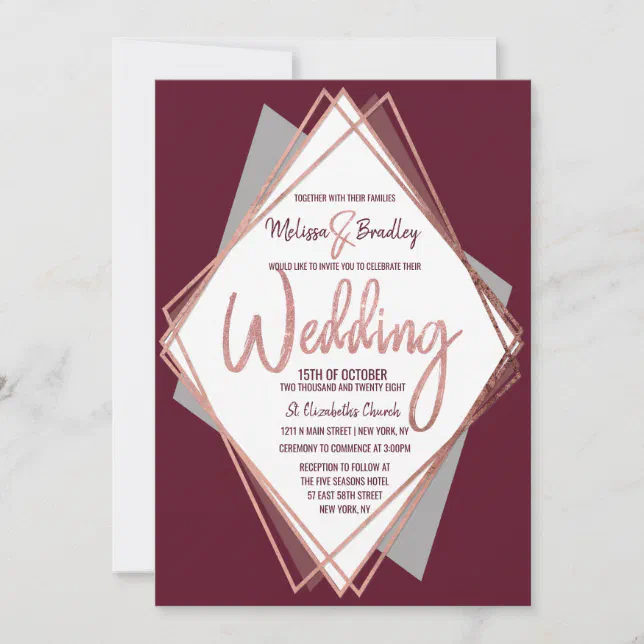 Rose Gold Burgundy Red Gray Geometric Wedding Invitation | Zazzle