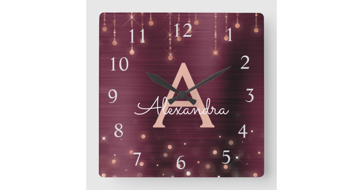 Rose Gold Burgundy Sparkle Monogram Name & Initial Square Wall Clock ...