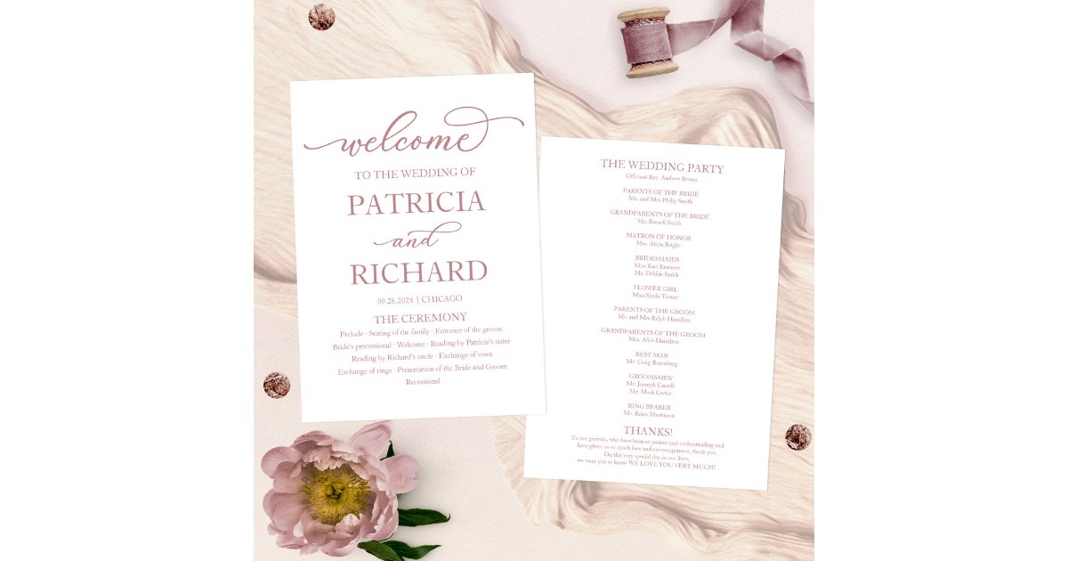 Rose Gold Calligraphy Wedding Ceremony Program | Zazzle