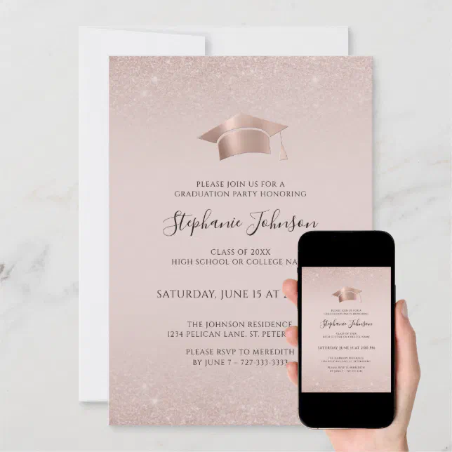 Rose Gold Cap and Tassel Blush Pink Grad Party Invitation | Zazzle