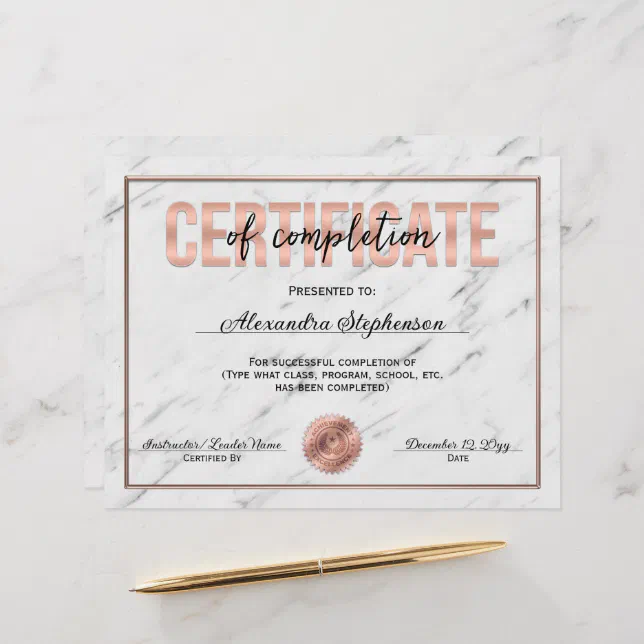Rose Gold Certificate of Completion Course Award | Zazzle