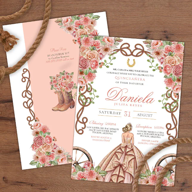 Rose Gold Champagne Pink Charro Rustic Quinceanera Invitation | Zazzle