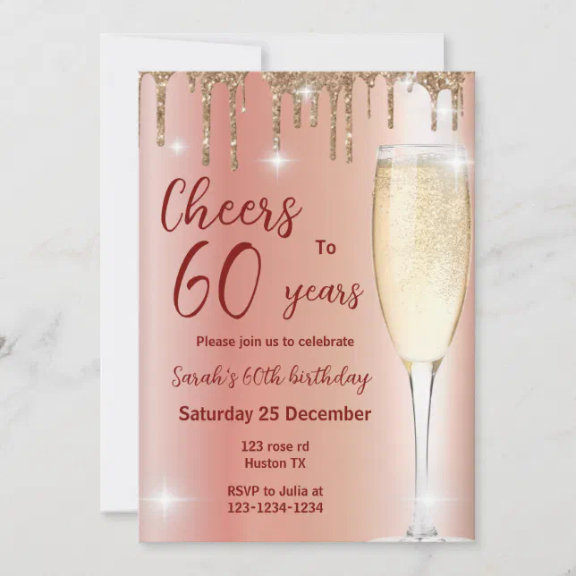 Rose gold Cheers to 60 year birthday invitation | Zazzle
