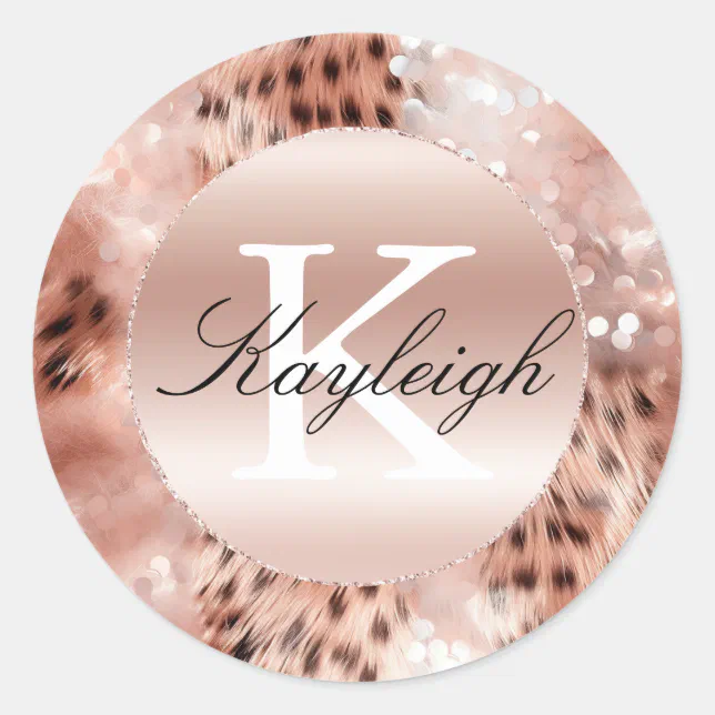 Rose Gold Cheetah Monogram Classic Round Sticker | Zazzle
