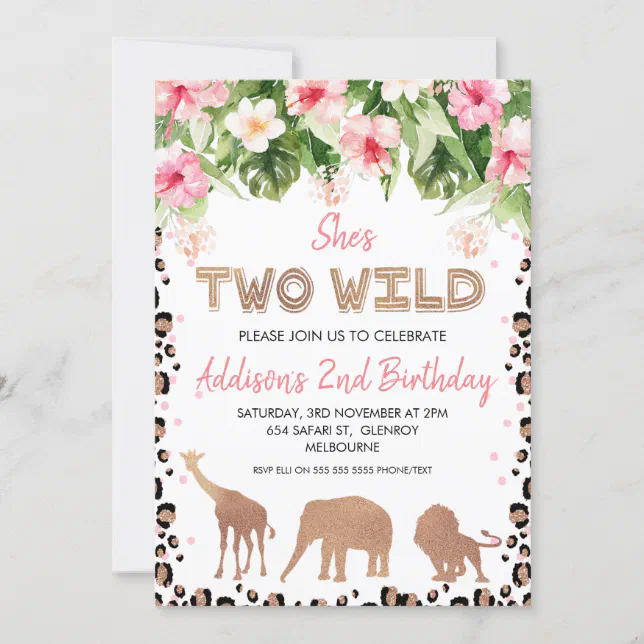 Rose Gold Cheetah Print Two Wild Second Birthday Invitation | Zazzle