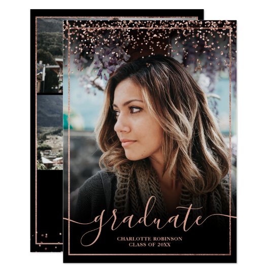 Rose gold confetti border script photo graduation invitation | Zazzle.com