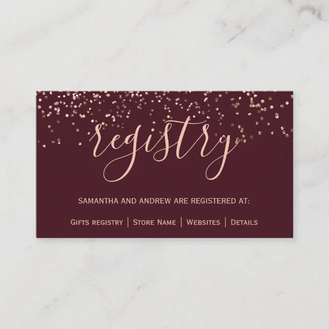 Rose gold confetti burgundy chic wedding registry enclosure card | Zazzle